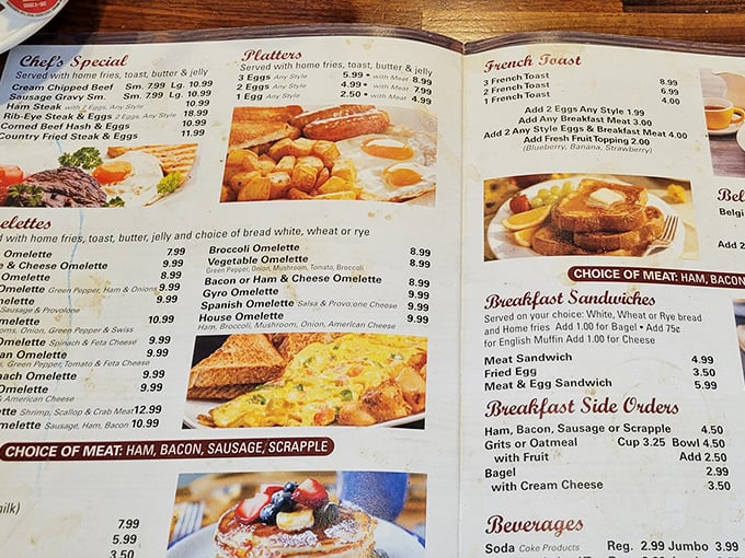 The menu reads like a love letter to breakfast classics. Each laminated page promises comfort and satisfaction without pretension.
