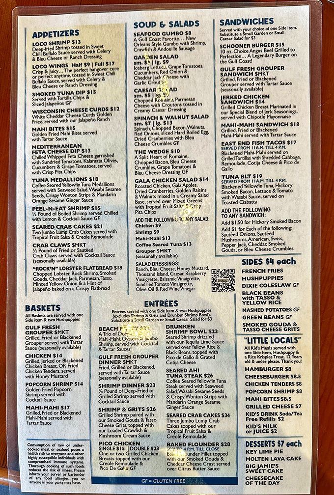 This menu reads like a love letter to the Gulf &ndash; from those legendary crab claws to grouper prepared every way imaginable. Decision paralysis never tasted so good.