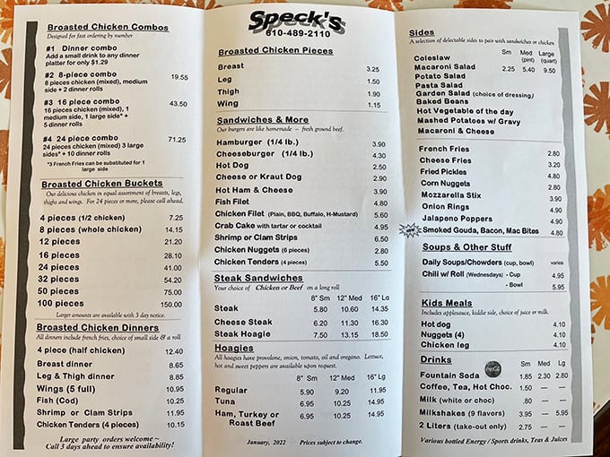 The menu board tells the whole story: broasted chicken reigns supreme, with buckets ranging from 8 pieces to a party-sized 100!