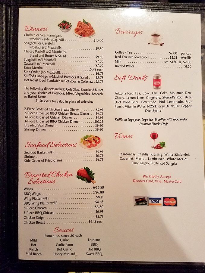 The menu reads like a love letter to comfort food classics, with broasted chicken taking center stage in this culinary romance.