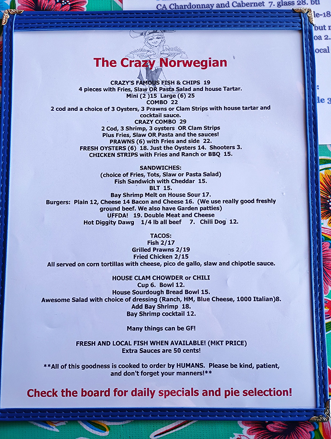 This menu isn't just a list&mdash;it's a roadmap to happiness. Notice that gentle reminder at the bottom about "NICE humans" cooking your food!