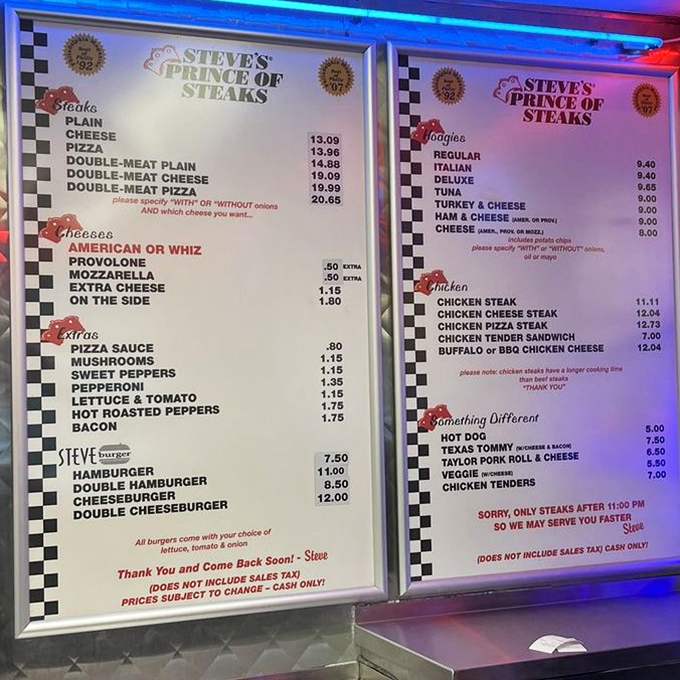 The menu of dreams. Like the Constitution of Cheesesteaks, this illuminated document outlines your path to sandwich enlightenment.