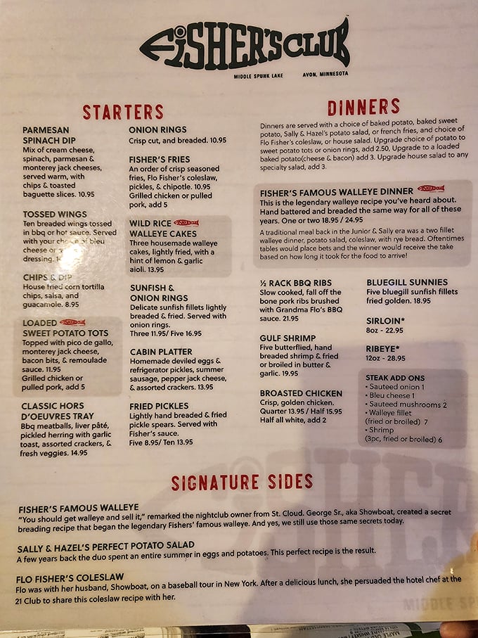 A menu that reads like a love letter to Minnesota lake culture. The walleye description alone is worth framing.