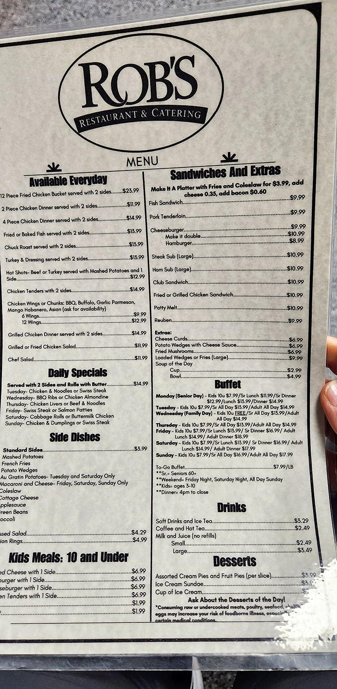 This menu reads like a love letter to Midwestern comfort food. Scanning it feels like planning a delicious adventure with multiple happy endings. 