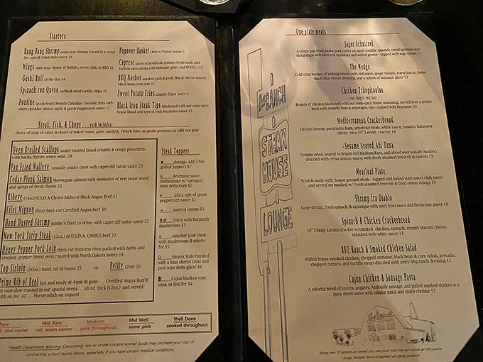 A menu that reads like a love letter to carnivores, with enough seafood options to make coastal restaurants jealous.