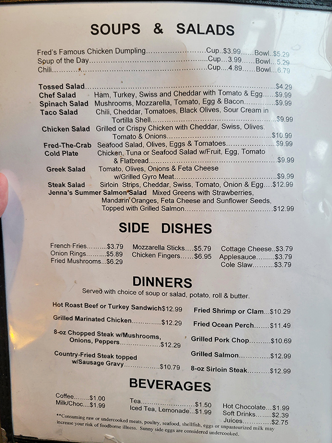 The menu at Fred's reads like a love letter to American comfort food. Fred's Famous Chicken Dumpling soup alone has inspired pilgrimages from across state lines.