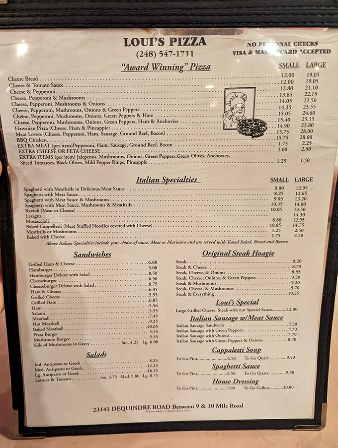 A menu that hasn't changed since bell-bottoms were cool—because perfection doesn't need updating.