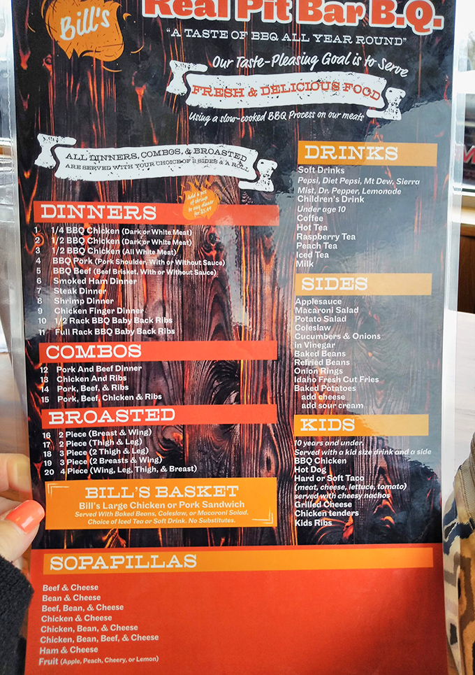 A menu that reads like poetry to carnivores. Notice there's no "light options" section&mdash;this is barbecue commitment at its finest.