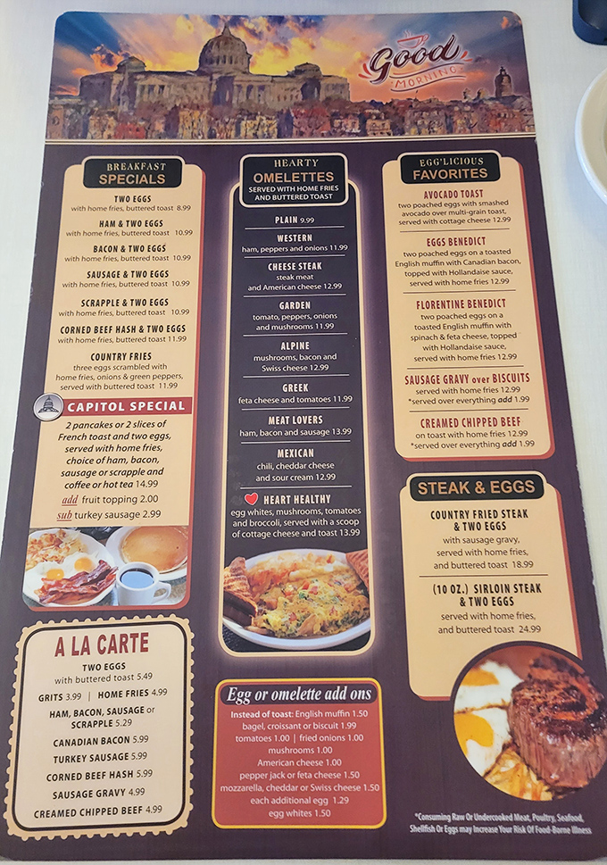 This menu reads like a love letter to breakfast classics. The "Scrapple & Two Eggs" calling my name louder than my alarm clock ever could. 