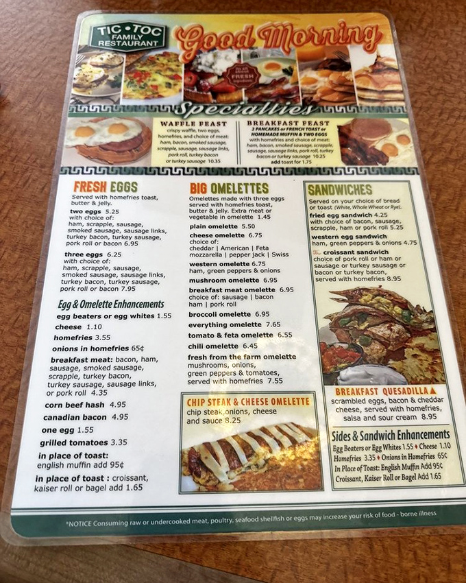 The breakfast menu reads like a love letter to morning hunger. Waffle Feast, Big Omelets, and Fresh Eggs—decisions this important shouldn't be rushed.