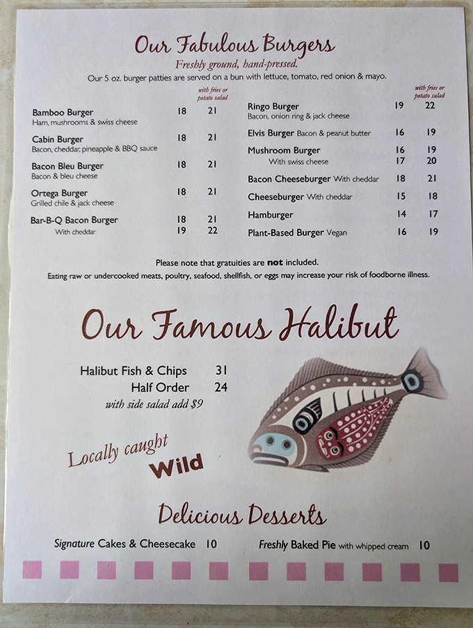 The menu tells the real story: locally caught wild halibut and hand-pressed burgers that make decision-making the hardest part of your meal.