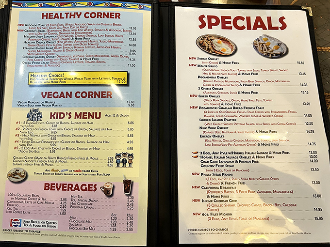 The menu's "Healthy Corner" and "Vegan Corner" prove that even pancake houses have evolved beyond the butter-drenched breakfasts of yesteryear.