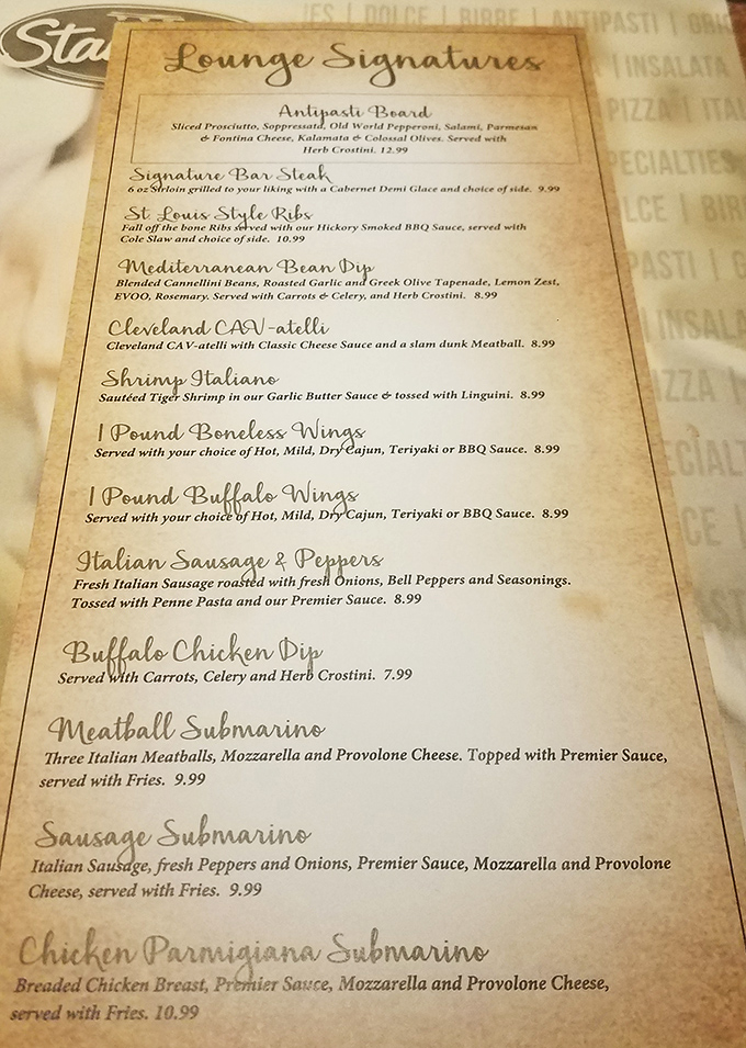 The lounge menu reads like a love letter to Italian-American classics. Each item promises a delicious detour from your diet plans.