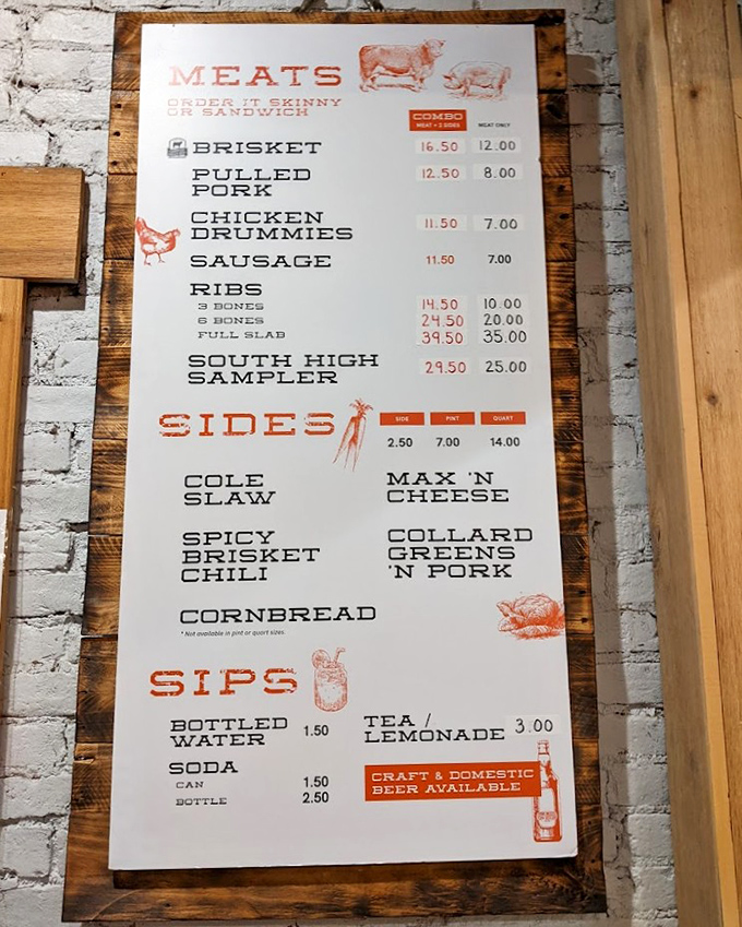 A menu that cuts right to the chase. No flowery descriptions needed when your brisket speaks volumes through its smoke ring.