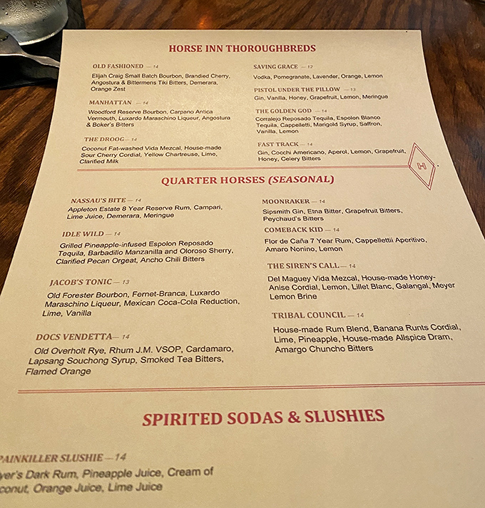 The cocktail menu reads like a Kentucky Derby program for your taste buds. "Thoroughbreds" and "Quarter Horses" worth betting your evening on.