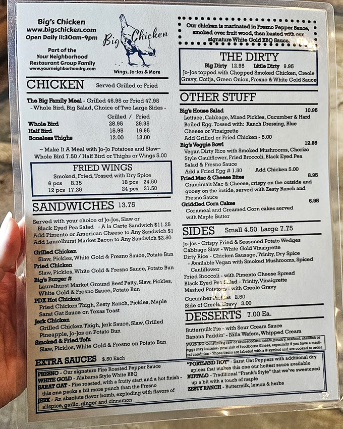 A menu that doesn't need fancy fonts to impress. The real poetry here is in phrases like "smoked over fruit wood" and "White Gold sauce."