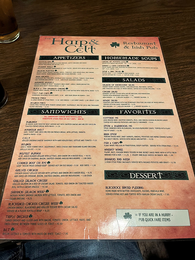 A menu that doesn't need fancy fonts or pretentious descriptions&mdash;just honest Irish fare that speaks for itself.