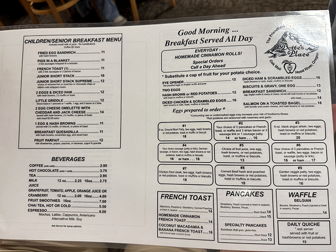 A menu that reads like a love letter to breakfast classics. The hardest decision you'll make today is choosing between those legendary biscuits and the pancakes.