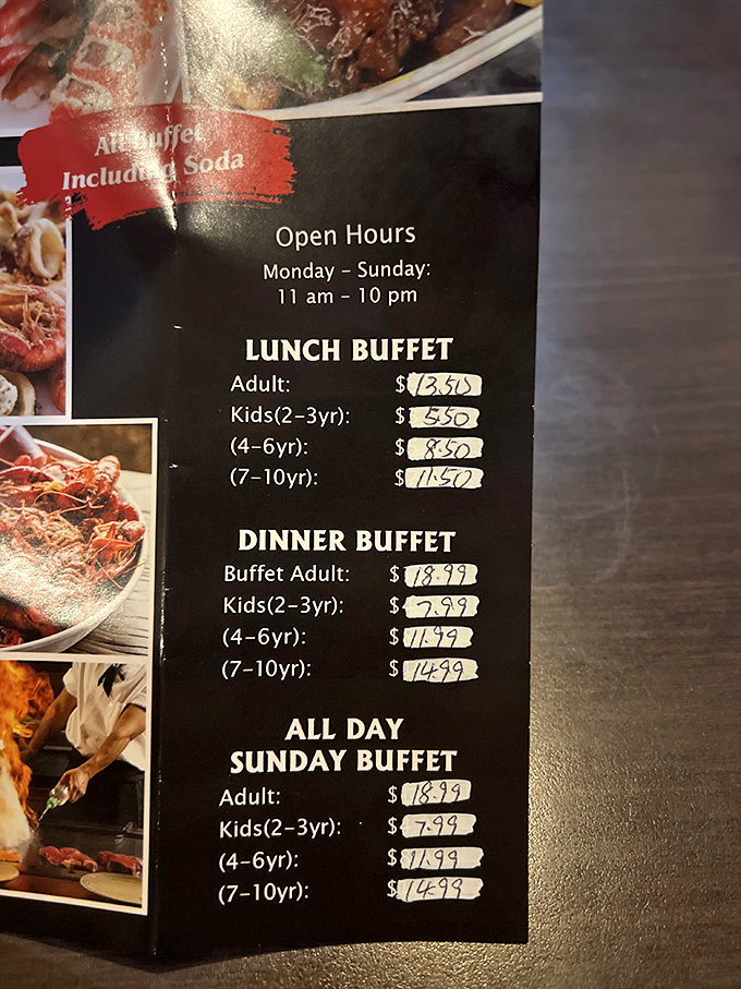 Open daily from 11am to 10pm, the menu board reveals the secret to happiness: unlimited sushi and sodas included. Life's simple pleasures.