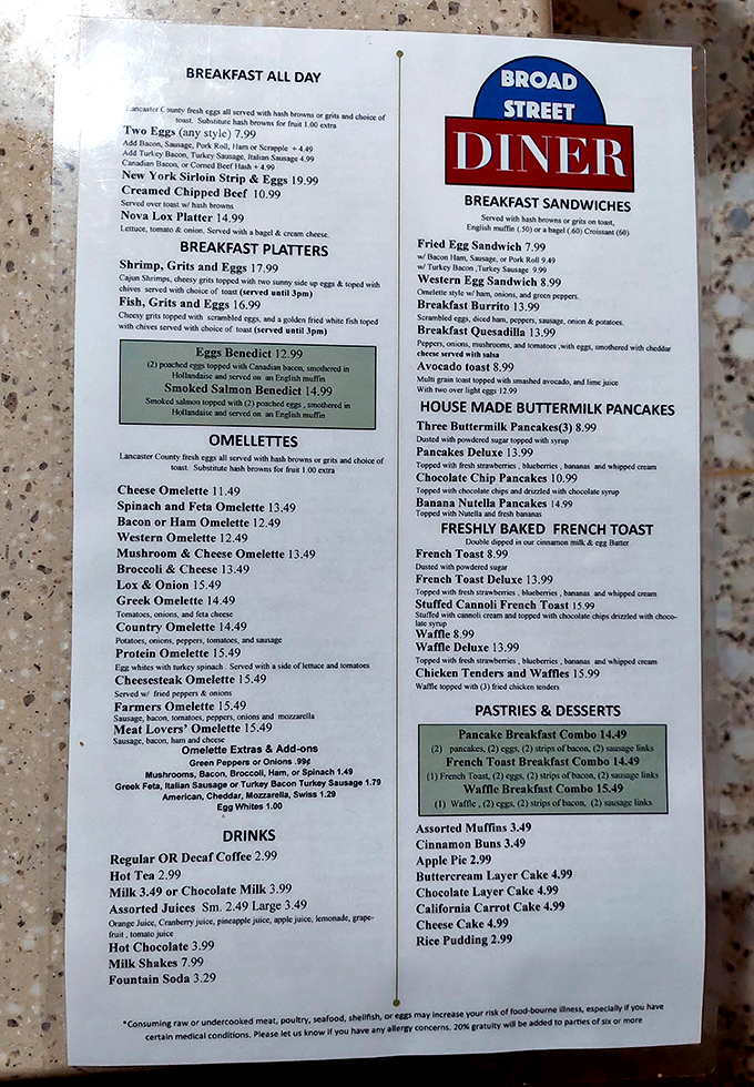 This menu reads like a breakfast lover's wish list, offering everything from simple eggs to elaborate pancake creations.