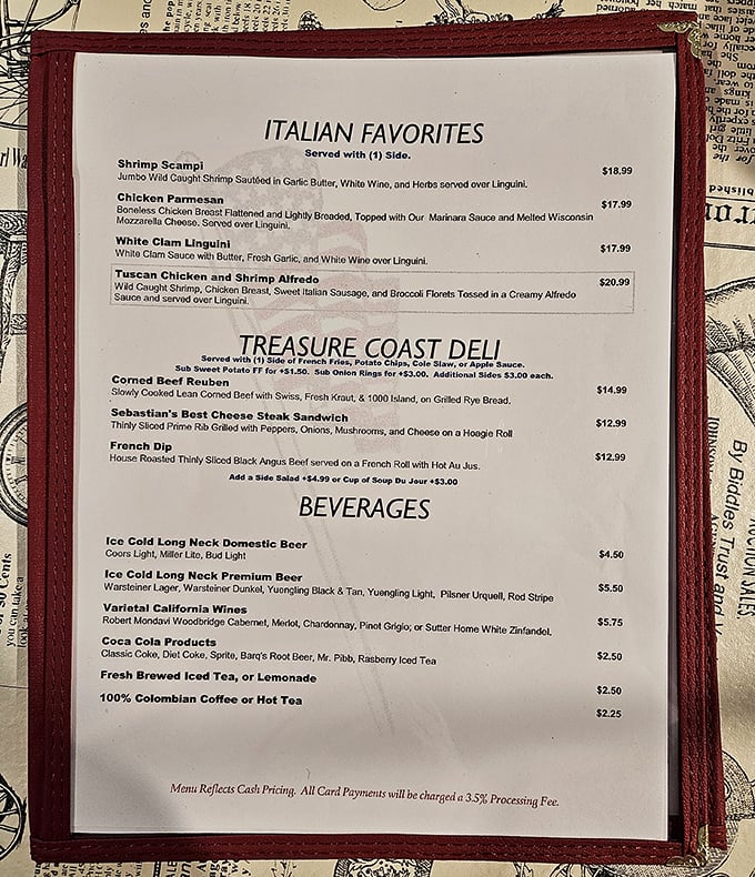 The menu reads like a love letter to comfort food classics, with Italian favorites and deli sandwiches that would make any New Yorker nod in approval.