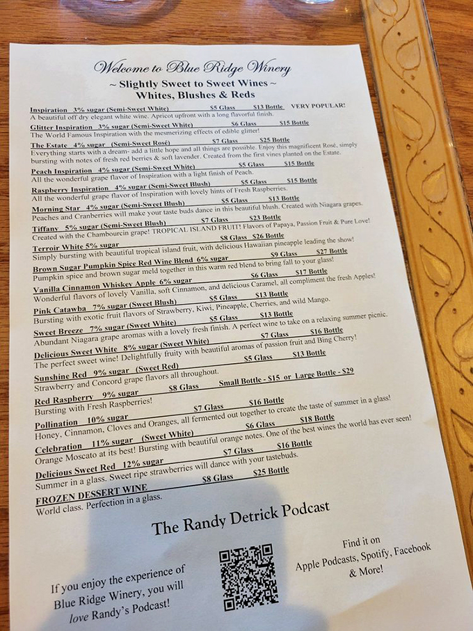 A menu of liquid poetry—from "Glitter Inspiration" to "Frozen Dessert Wine," each description promises a unique flavor adventure worth savoring.