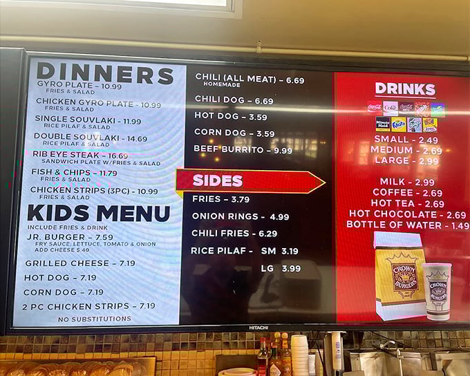 The menu board &ndash; a roadmap to happiness. Notice how "Crown Burger" isn't even listed? Locals already know what they're ordering.