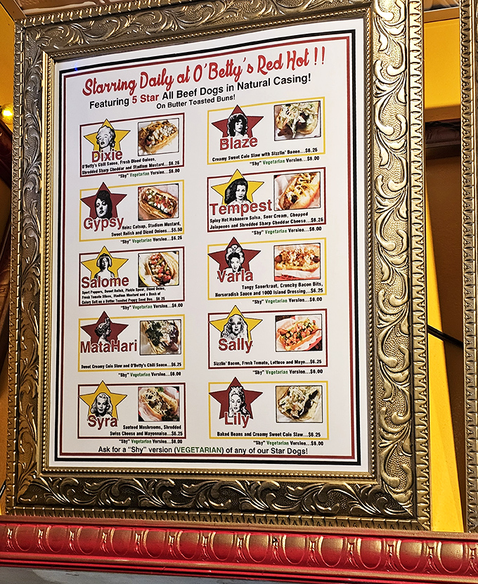 Not just a menu, but a playbill of stars! Each hot dog creation is named after a famous burlesque performer, adding saucy personality to your lunch decision.