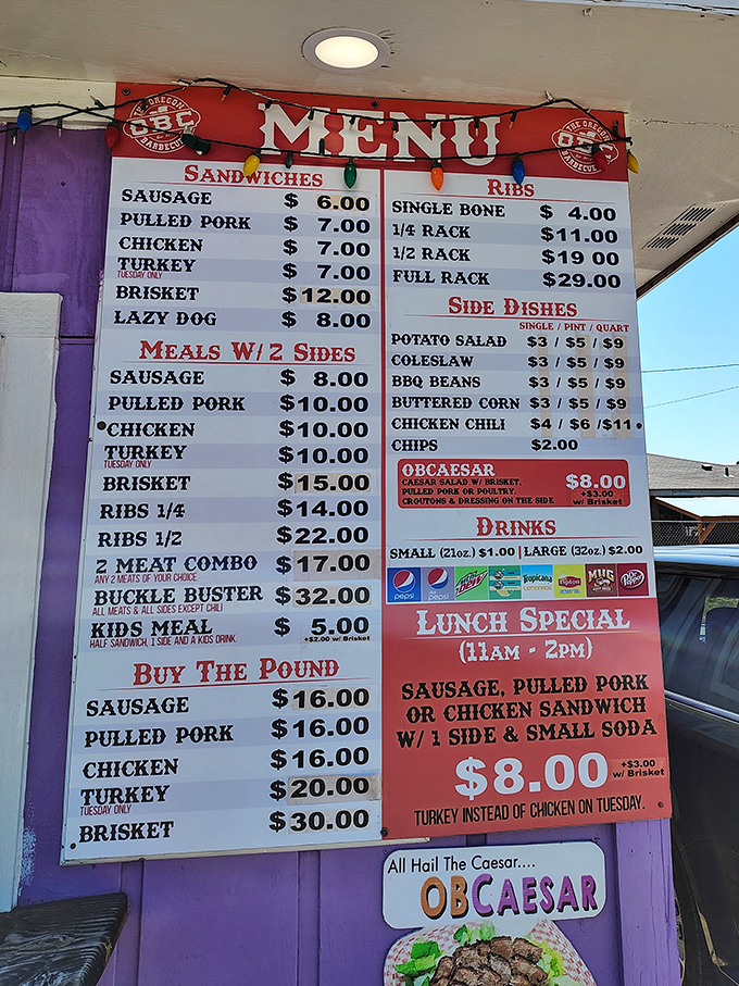 The menu board tells a story of BBQ dedication &ndash; from pulled pork to brisket to the intriguingly named "Lazy Dog." Decisions, decisions!