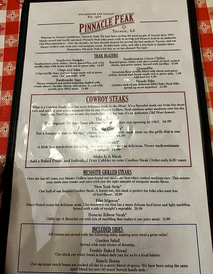 The menu reads like beef poetry&mdash;"Cowboy Steaks," "Trail Blazers," and the promise that real cowboys order medium rare. Who am I to argue?