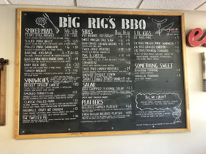 This chalkboard menu reads like a love letter to smoked meats, with enough options to make your head spin deliciously.