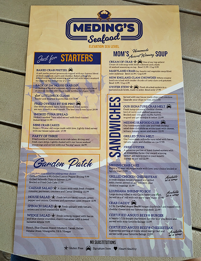 The menu reads like a love letter to the sea, with "Mom's Soup" proving mothers really do know best.