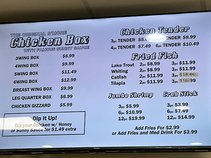 The menu board tells the whole delicious story &ndash; wings, seafood, and that legendary Sunny Sauce calling your name.