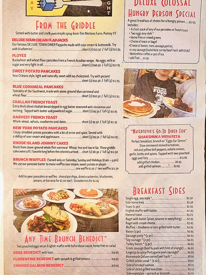 This menu reads like poetry to the breakfast-obsessed—each pancake variety promising its own unique journey from plate to palate.