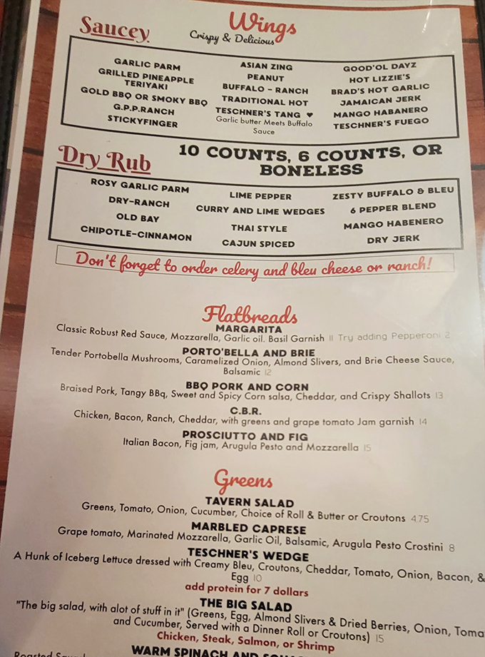 This menu reads like a love letter to wings - from Teschner's Tang to Fuego, each sauce tells its own spicy story.