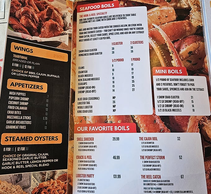The menu reads like a treasure map, with X marking the spot for seafood boils and Cajun delights.