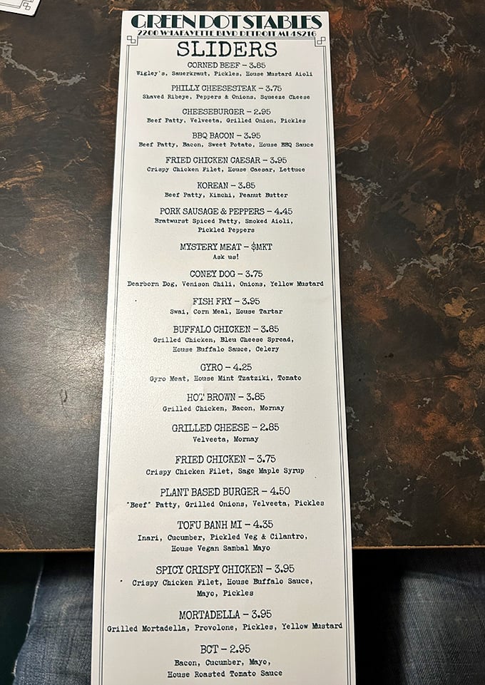 A menu that reads like a love letter to creativity, with slider combinations that would make any burger purist reconsider their stance.