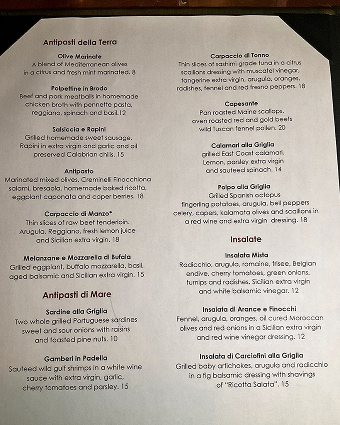 A menu that reads like a love letter to Sicily, with enough antipasti options to make choosing delightfully impossible.