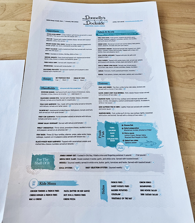 A menu that reads like a love letter to the Chesapeake Bay. Notice how "Cream of Crab" gets its own special spot? That's no accident, folks.