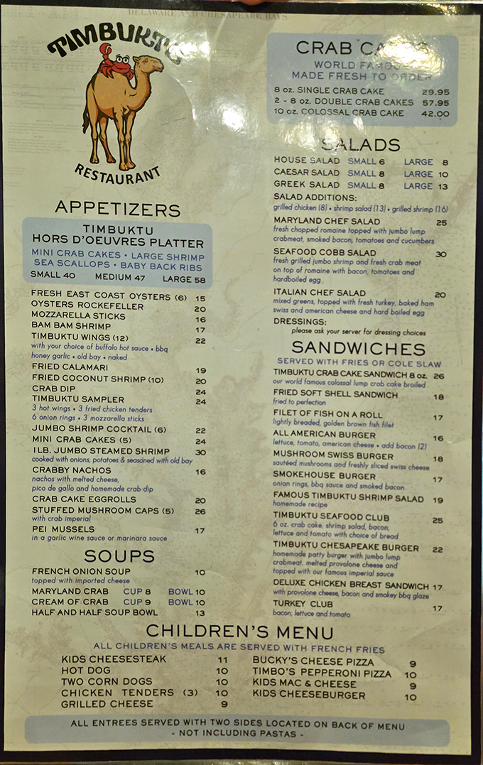 A menu that reads like a love letter to Maryland seafood, with the crab cake section deserving its own spotlight.