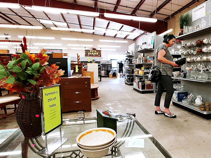 Furniture hunting becomes an archaeological dig through design decades. That 25% off sign is the siren call no bargain hunter can resist.