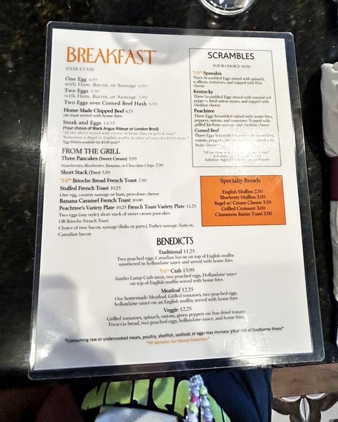 Menu archaeology at its finest! Each laminated page reveals potential treasures, but the Benedict section is where the real gold lies.