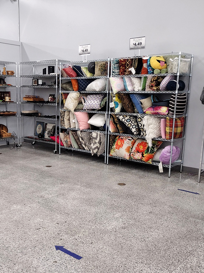 The pillow section resembles a soft mountain range of patterns and textures—someone's former decor becoming your next conversation piece.