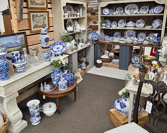 Blue and white porcelain displays that would make your grandmother nod approvingly while reaching for her wallet.