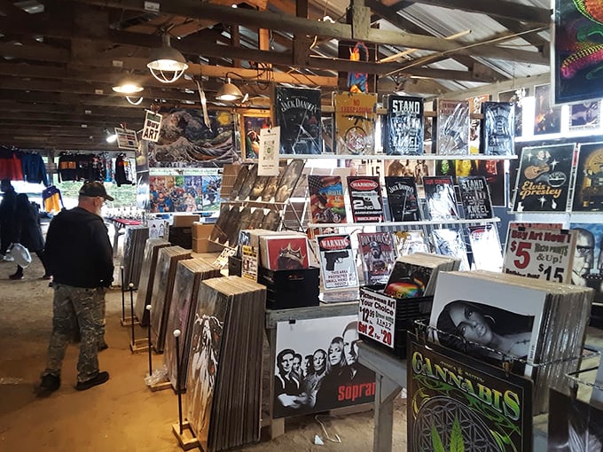 Step into poster heaven where The Sopranos meets cannabis culture. This covered vendor space offers wall art for every taste, from classic bands to counterculture icons.