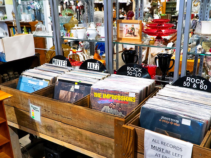 Vinyl heaven for music lovers! These crates hold forgotten soundtracks and memories, just waiting for their needle-drop resurrection.