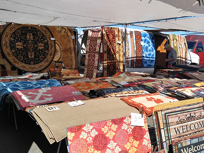 Textile treasures hang like colorful waterfalls, transforming concrete into a magic carpet ride. Each rug tells a story waiting for your living room floor.