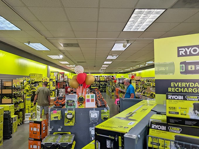 A hardware heaven bathed in Ryobi's signature green. Even non-DIYers find themselves suddenly contemplating home projects they never knew they needed.