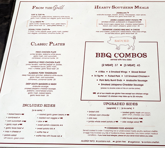 The menu reads like a love letter to American barbecue traditions, offering everything from St. Louis ribs to California tri-tip in glorious, smoky harmony.