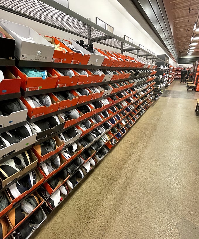 Sneaker heaven exists, and it's lined with orange boxes. This wall of athletic footwear offers everything from running shoes to casual kicks at prices that won't make you wince.